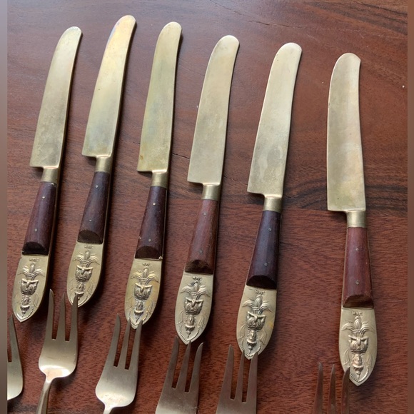 Siam | Dining | Vintage Siam Brassbronze Teak Wood Flatware 8 Pierces ...